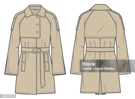 트렌치 코트 테크니컬 패션 일러스트레이션 벨티드 레인코트 패션 플랫 기술 도면 템플릿 플레어 래글런 슬리브 벨 슬리브 포켓 전면 및 후면보기 베이지 색상 여성 남성 남녀