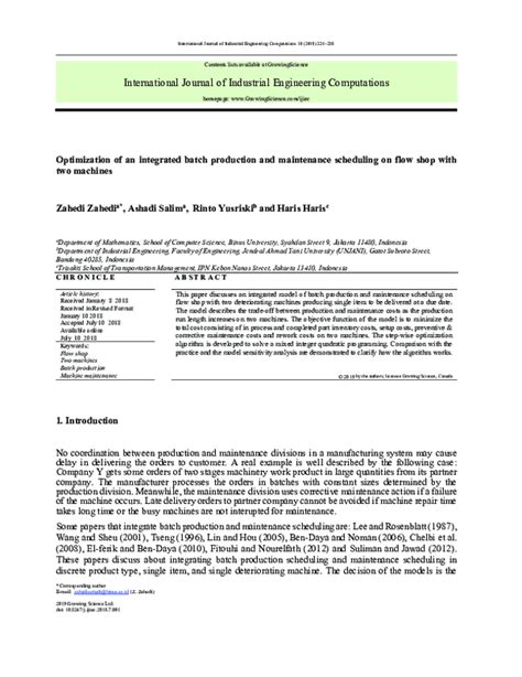 Pdf Optimization Of An Integrated Batch Production And Maintenance