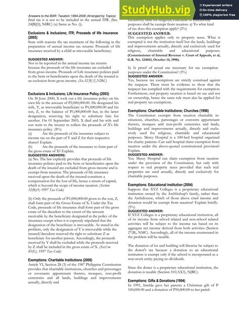 Answers To Bar Examination Questions In Taxation Law Arranged By Topic