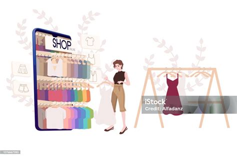 광고 배너 전단지 디자인 여성은 흰색 배경에 스마트 폰 플랫 벡터 일러스트에 온라인 옷 가게 현대 상점 응용 프로그램을 구입하는 옷을 선택 고름에 대한 스톡 벡터 아트 및