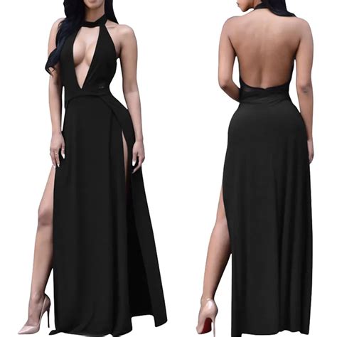 U Swear Sexy V Neck High Splits Party Dress Backless Red Satin Maxi