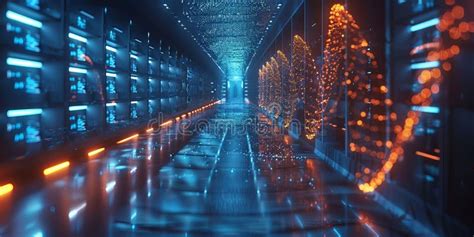 High Tech Data Center Corridor With Illuminated Server Racks And