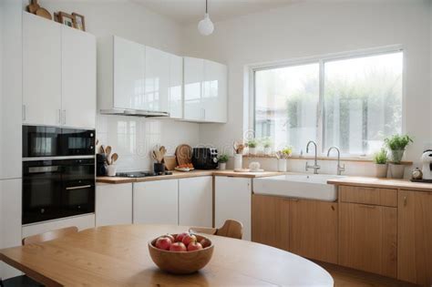 Modern Bright Kitchen Interior With White Horizontal Window Blinds