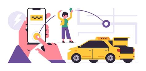 택시 주문 서비스 모바일 응용 프로그램 개념 디스플레이에 택시를 예약하는 전화를 들고 손 도시 택시 서비스 노란색 자동차 도시지도 행복한 여자 평면 벡터 일러스트 레이 션