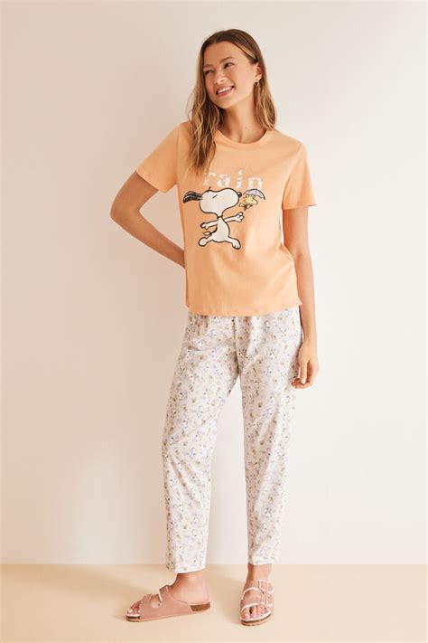 Pijama 100 Algodón Naranja Snoopy Ropa De Dormir De Mujer Y Homewear