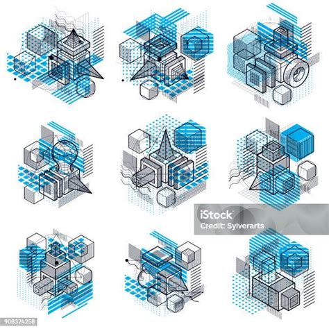 3 차원 Isometric 추상적인 벡터 배경입니다 큐브 육각형 사각형 사각형 및 다른 추상 요소 레이아웃 벡터 컬렉션입니다 0명에 대한 스톡 벡터 아트 및 기타 이미지