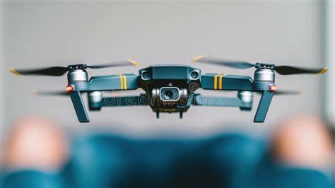 Close Up View Of Flying Drone With Camera Capturing Indoor Scene And Focused Perspective Stock