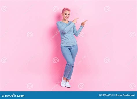 Full Length Photo Of Pretty Shiny Lady Wear Blue Shirt Pointing Two