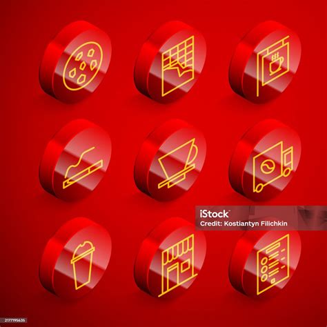 세트 라인 쿠키 또는 비스킷 초콜릿 바 거리 간판 커피 담배 V60 메이커 커피 스트리트 트럭 기계 밀크 쉐이크 및 상점 아이콘 벡터 3차원 형태에 대한 스톡 벡터 아트 및