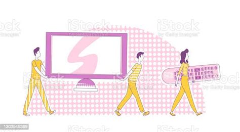 홈 시네마 시스템 얇은 라인 개념 벡터 일러스트 Tv를 들고 남자와 여자 웹 디자인에 대 한 큰 Tv 원격 2d 만화 문자를 들고 멀티미디어 엔터테인먼트 크리에이티브