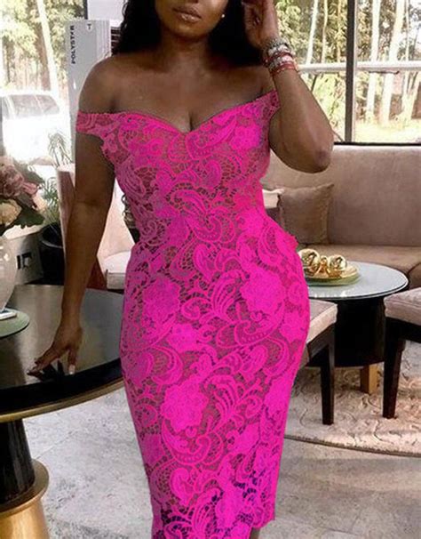 Xpluswear Plus Size Elegant Off The Shoulder Barbie Pink Lace Bodycon Midi Dresses Pre Order