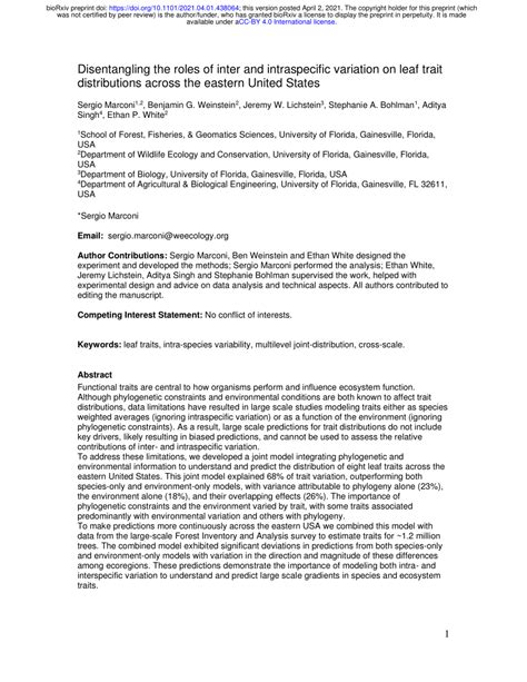 Pdf Disentangling The Roles Of Inter And Intraspecific Variation On Leaf Trait Distributions