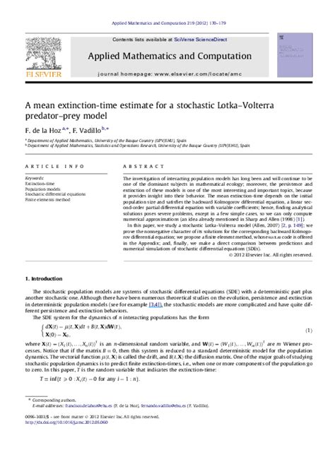 Pdf A Mean Extinction Time Estimate For A Stochastic Lotka Volterra Predator Prey Model