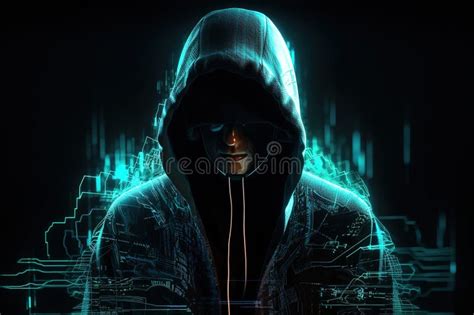 Hooded Cyber Hacker With Black Background With Blue Outlines Generative Ai Stock Illustration