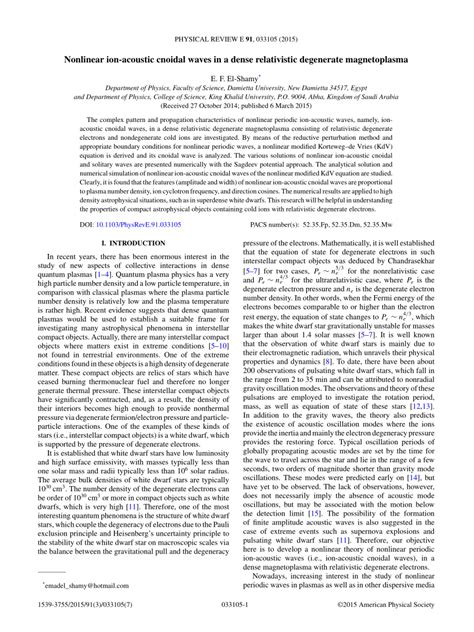 Pdf Nonlinear Ion Acoustic Cnoidal Waves In A Dense Relativistic