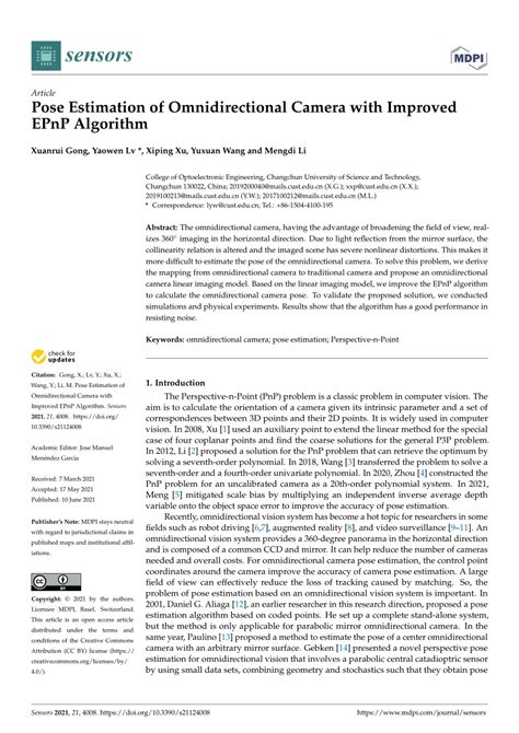Pdf Pose Estimation Of Omnidirectional Camera With Improved Epnp Algorithm