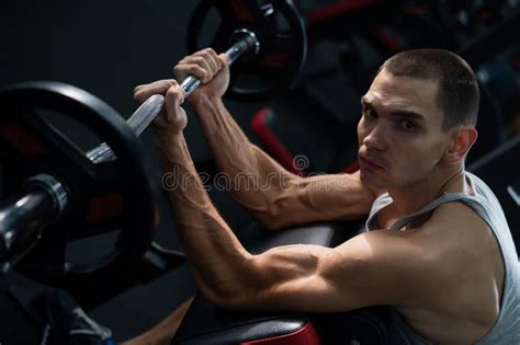 Man Doing Ez Barbell Bicep Exercises On Scott Bench Stock Image