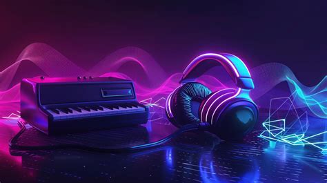 Cartoon Style 3D Rendering Of Headphones And Keyboard With Neon Lights