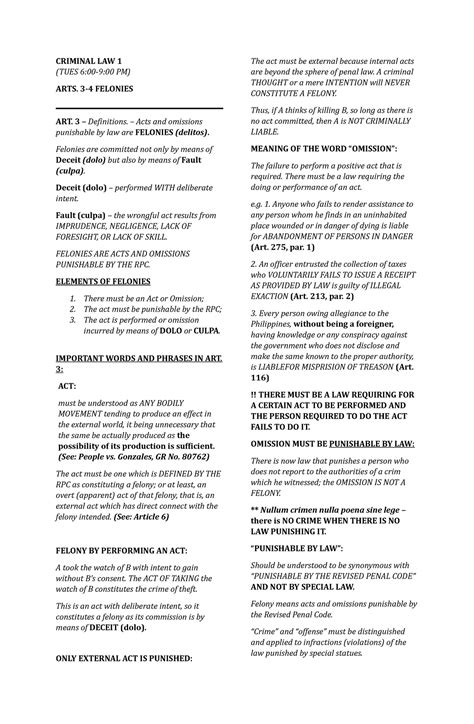 Crim Law Arts 3 4 Crim Law Notes Reyes Criminal Law 1 Tues 600 9