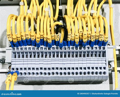 Close Up Photo A Row Of Terminal Blocks Connected With Wires Stock Image Image Of Component