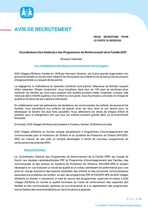 SOS VILLAGES Recrute Un E Coordinateur Trice National E Des Programmes De Renforcement De La