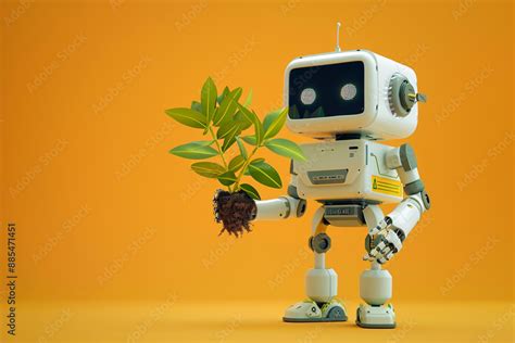 Cute Robot Holding A Plant In A Yellow Background Robot Gently Holding