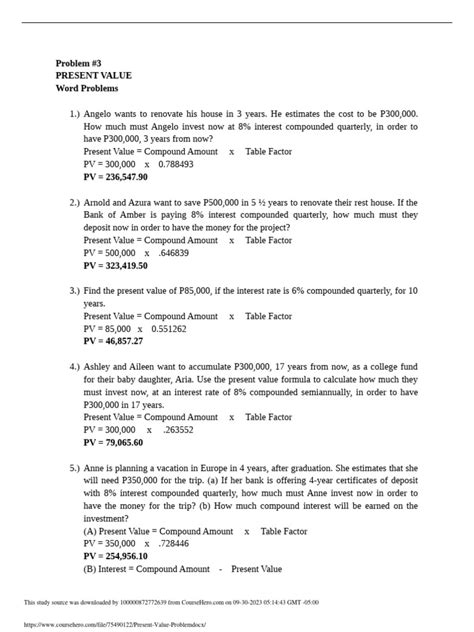 Present Value Problem Pdf Present Value Interest