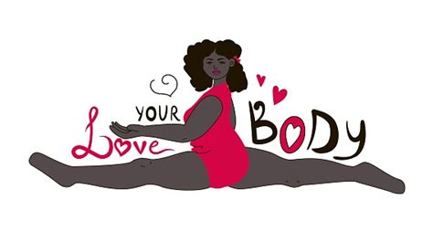 붉은 수영복을 입은 아프리카계 미국인 소녀 플러스 크기는 꼬기 에 앉아 마음은 옆에 그려지고 비문이 그려집니다 당신의 몸을 사랑