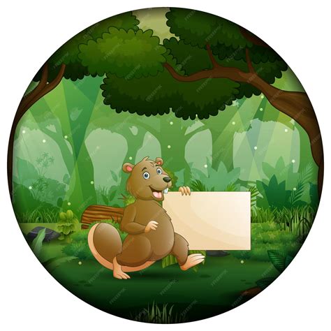 Premium Vector Cartoon A Beaver Holding Blank Sign In The Forest In