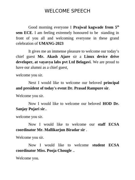 Welcome Speech Sample Pdf