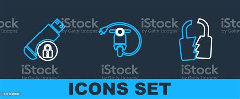 깨지거나 금이 간 잠금 장치 Usb 플래시 드라이브 및 전기 스쿠터 아이콘을 설정합니다 벡터 Usb 메모리에 대한 스톡 벡터