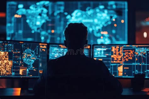 Cybersecurity Analyst In Dark Control Room With Glowing Monitors Stock Image Image Of Global