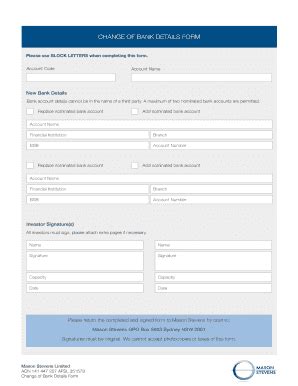 Fillable Online CHANGE OF BANK DETAILS FORM Mason Stevens Fax Email
