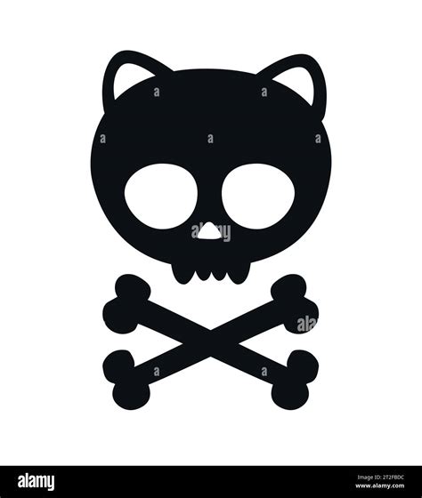 Vector Hand Drawn Flat Cat Skull With Crossed Bones Silhouette Isolated