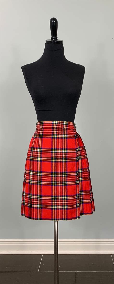 Red Plaid Pleated Wrap Mini Skirt Size 000 80s Lord And Taylor Classic