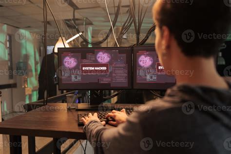 Hacker Breaking Into Computer System Hacking Bank Account Stealing Finances Sending Virus