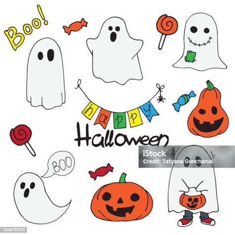 할로윈에 대한 귀여운 사진의 컬러 세트 낙서 유령 호박 글자 스타일의 그림 재미있는 유령 웃는 캐릭터 어린이를위한 10월에 대한 스톡 벡터 아트 및 기타 이미지 Istock