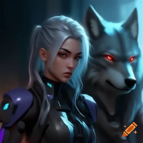 Cyberpunk Woman With Silver Hair And Robotic Arm Alongside Large Wolf