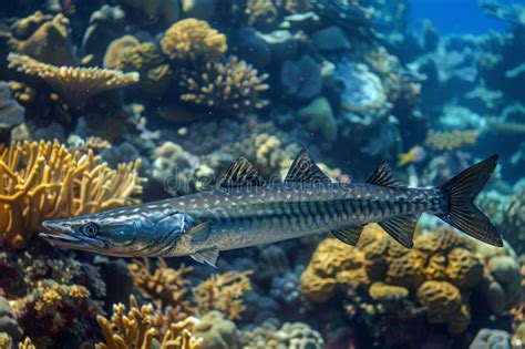 An Elegant Barracuda Gliding Through Vibrant Coral Reefs In Azure