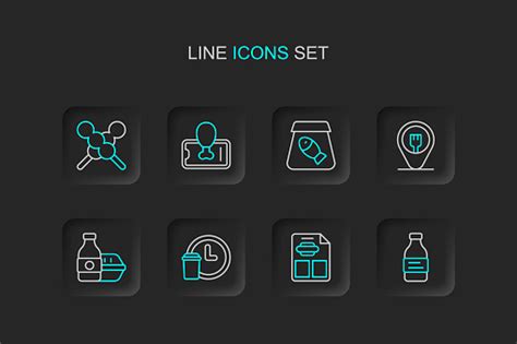 세트 라인 물 한 병 레스토랑 카페 메뉴 시계 배달 온라인 주문 음식 카페 및 레스토랑 위치 생선 음식 모바일 및 미트볼 나무 막대기 아이콘 벡터 Brand Name