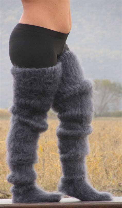 Fuzzy Mohair Hand Knitted Long Socks Stockings Dark Grey Leg Etsy
