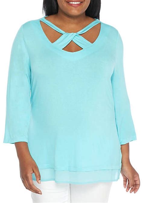 Kim Rogers® Plus Size Three Quarter Twist Neck Layer Hem Top