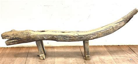 Lot Long 84in Hand Carved Wood Crocodile Bench