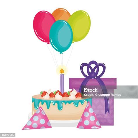 Kotak Hadiah Dengan Kue Manis Dan Balon Helium Mengambang Ilustrasi