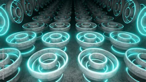 Camera Movement In The Corridor Of Luminous Concrete Rings Moving To The Beat Of The Music