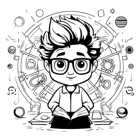 Черно белая мультфильмная иллюстрация школьника или студента для