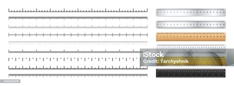 현실적인 금속 및 플라스틱 통치자 측정 척도는 나눗셈으로 표시됩니다 길이 또는 높이를 센티미터 인치 단위로 측정하기위한 스케일 눈금자 줄자 표시 크기 표시기 벡터 그림 0