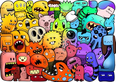 3 Doodle Monster Coloring Pages Etsy France Monster Coloring Pages