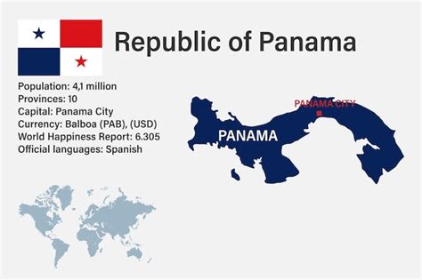 국기 수도와 세계의 작은 지도가 있는 매우 상세한 파나마 지도 프리미엄 벡터