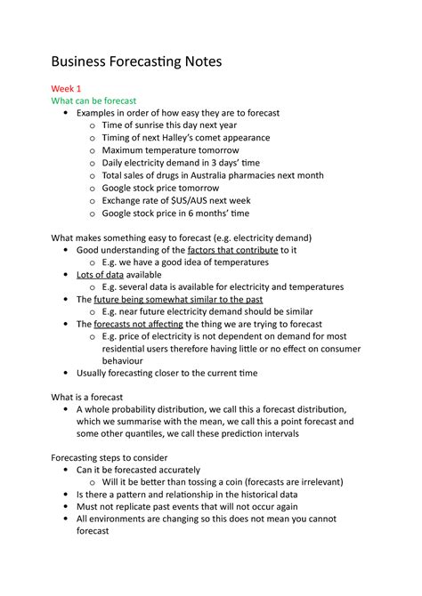 Forecasting Notes Business Forecasting Notes Week 1 What Can Be
